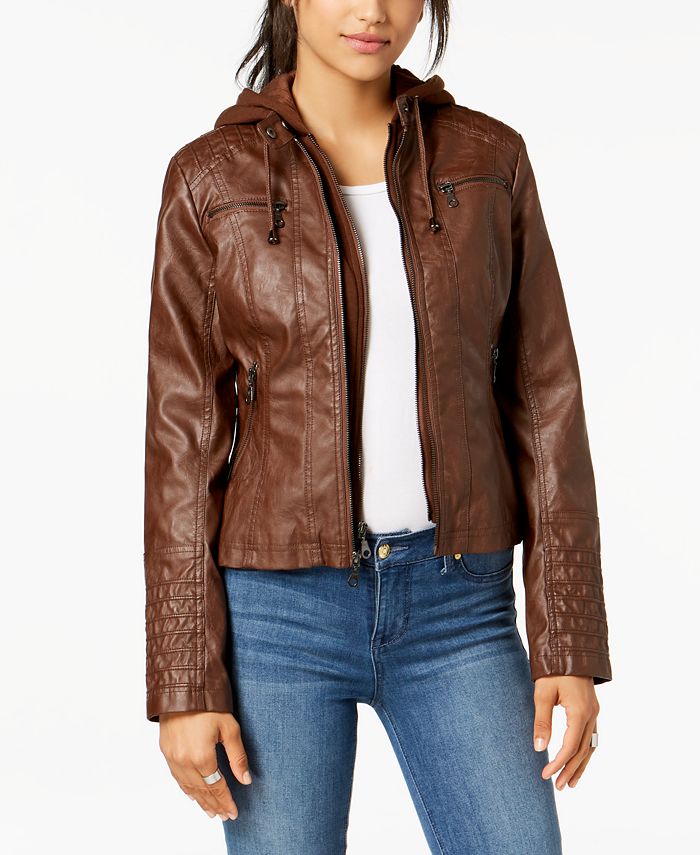 Maralyn & Me Juniors' Hooded Faux-Leather Moto Jacket - Macy's