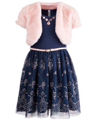 Beautees Big Girls Plus 3-Pc. Faux-Fur Shrug, Dress & Necklace Set - Macy's