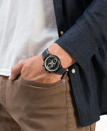Lucky Brand Men's Chronograph Fairfax Racing Black Leather Strap Watch ...
