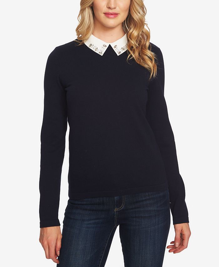 CeCe Cotton Embellished-Collar Sweater - Macy's