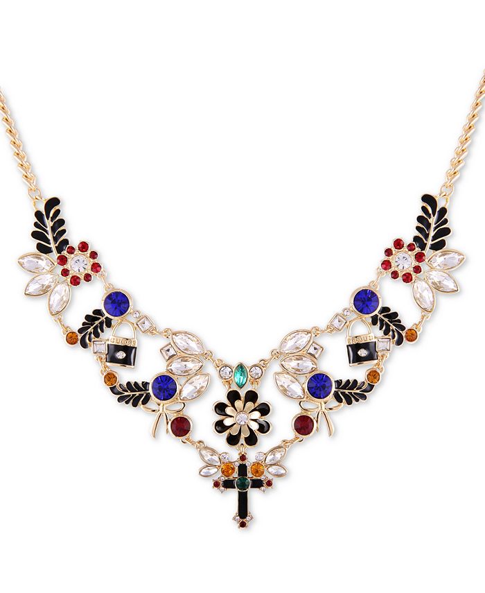 GUESS Gold-Tone Multicolor Crystal Cross Statement Necklace, 16" + 2 ...