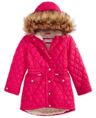 DKNY Big Girls Hooded Quilted Jacket With Removable Faux-Fur Trim - Macy's