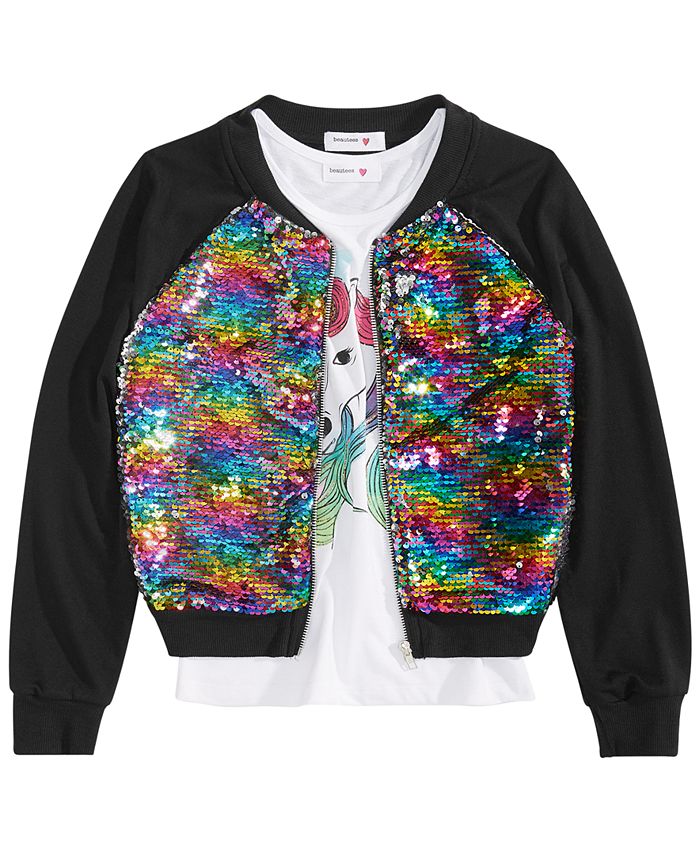Beautees Big Girls 2-Pc. Reversible Sequin Bomber Jacket & Graphic ...