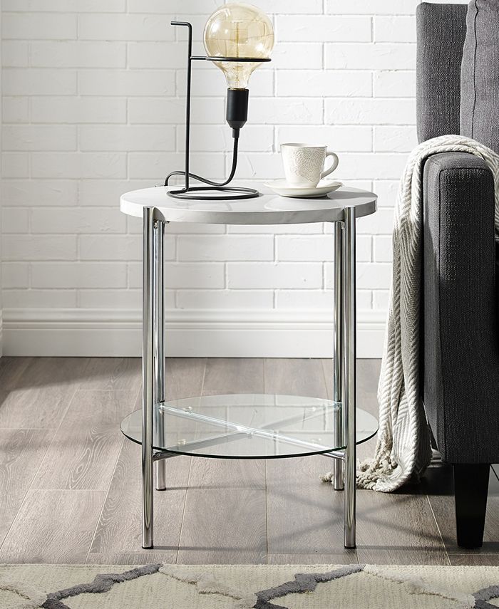 Walker Edison 20 inch Round Side Table in Faux Marble with Glass Shelf ...