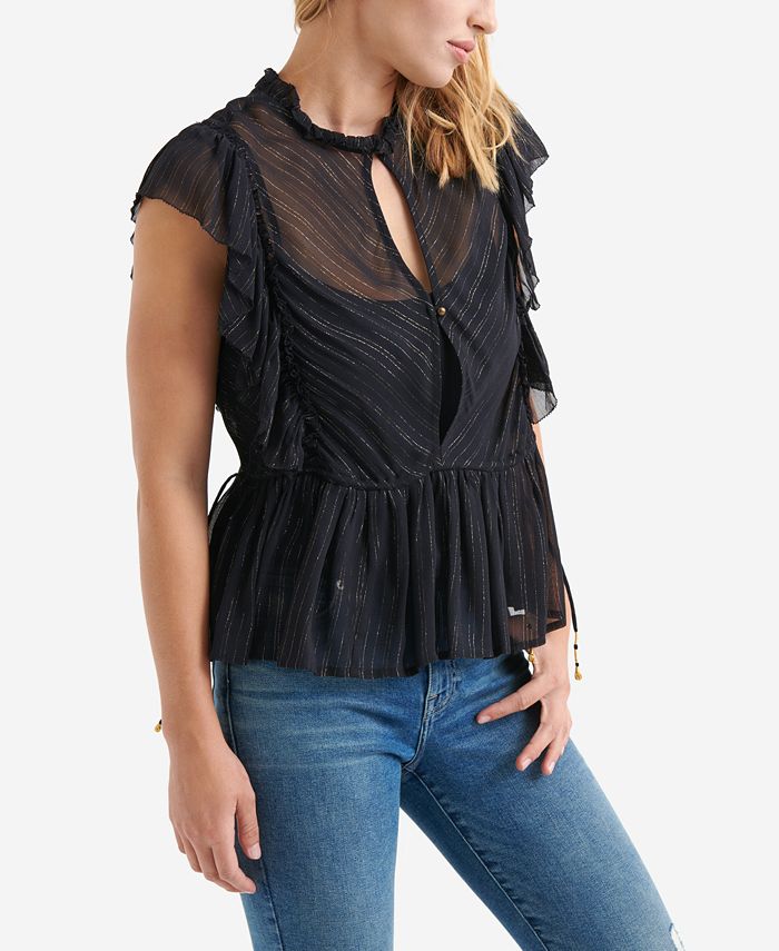 Lucky Brand Metallic-Stripe Sheer Party Top - Macy's