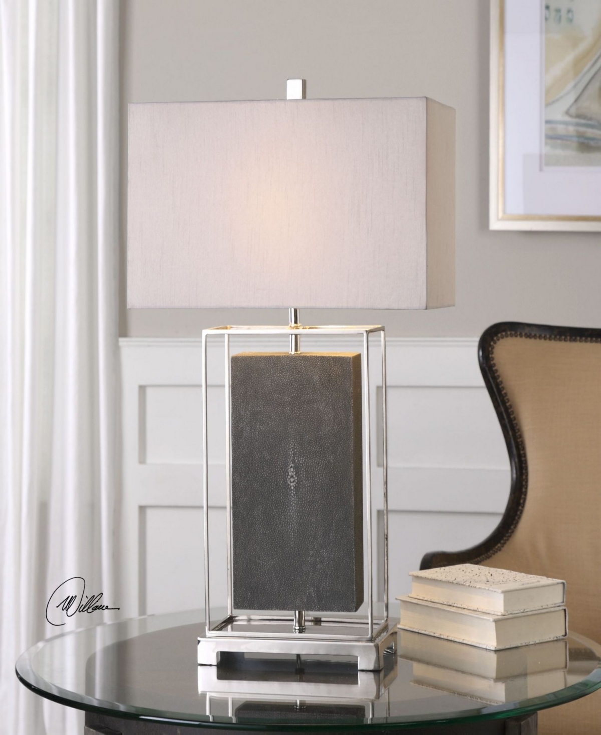 Click here for Uttermost Sakana Gray Textured Table Lamp - Open M... prices