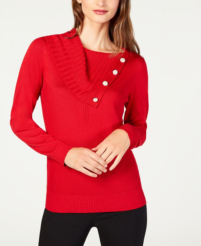NY Collection Petite Envelope-Neck Button-Trim Sweater - Macy's