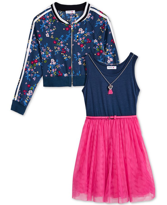 Beautees Big Girls 2-Pc. Floral-Print Bomber Jacket & Mesh Dress Set ...