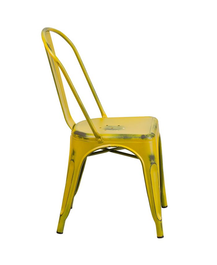 Flash Furniture Distressed Yellow Metal Indoor-Outdoor Stackable Chair ...