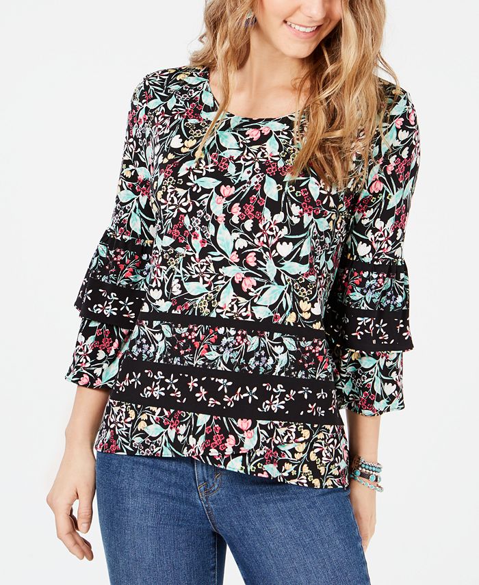 Style & Co Floral-Print Tiered-Sleeve Crossover Top - Macy's