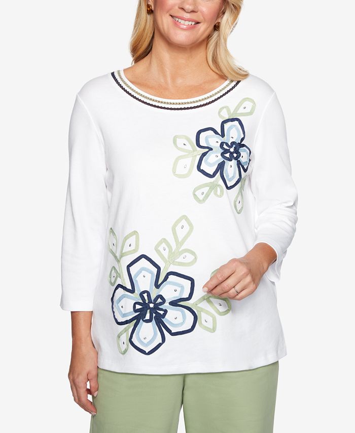 Alfred Dunner Greenwich Hills Ribbon-Flower Knit Top - Macy's