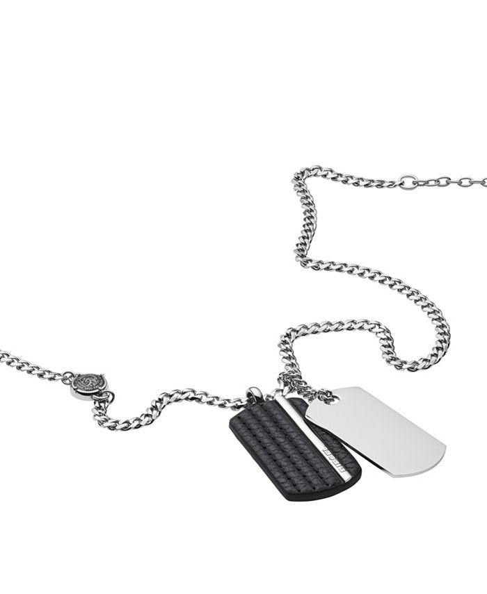 Diesel Men's Double Dog Tag Steel and Black Leather Pendant Necklace ...