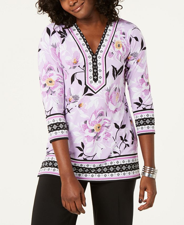 JM Collection Petite Mixed-Print Embellished Tunic, Created for Macy's ...