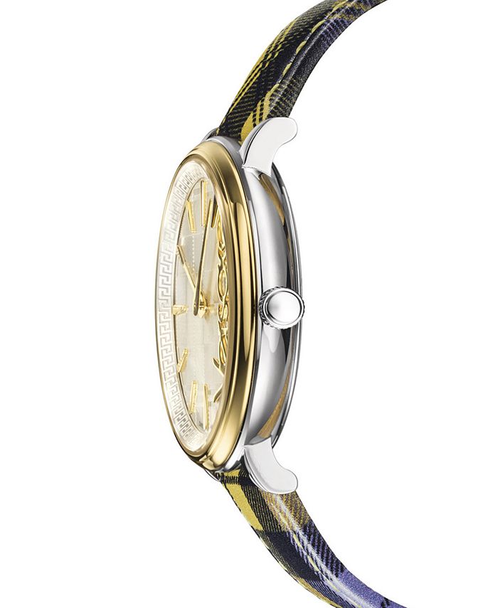Versace Women's Swiss V-Circle Clans Edition Yellow Plaid Leather Strap ...
