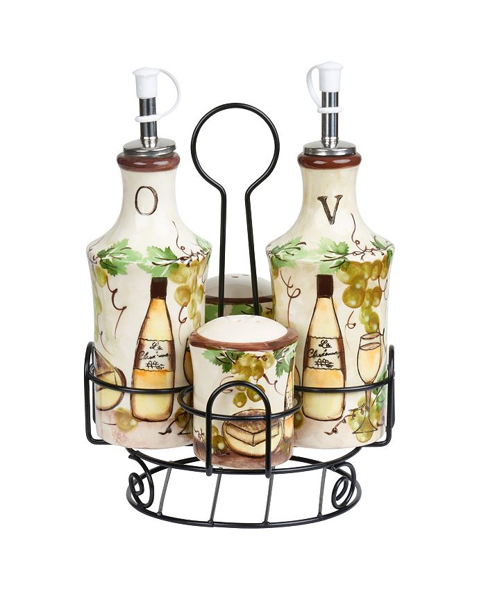 Lorren Home Trends White Grape Ceramic Condiment Set W/Rod Iron Stand ...