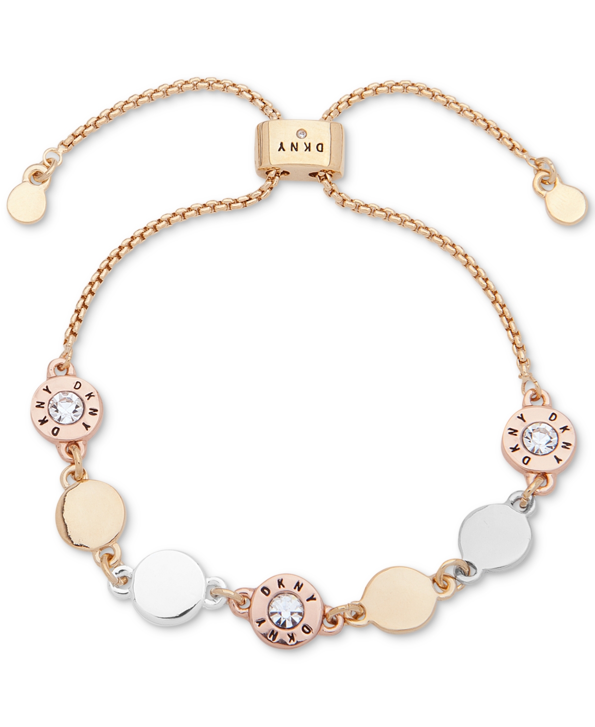Click here for Dkny Tri-Tone Crystal & Logo Disc Slider Bracelet... prices