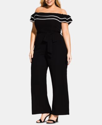 City Chic Trendy Plus Size Demure Ruffled Off-The-Shoulder Jumpsuit ...