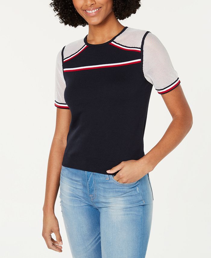 Tommy Hilfiger Cotton Striped-Trim Mesh-Panel Top, Created for Macy's ...