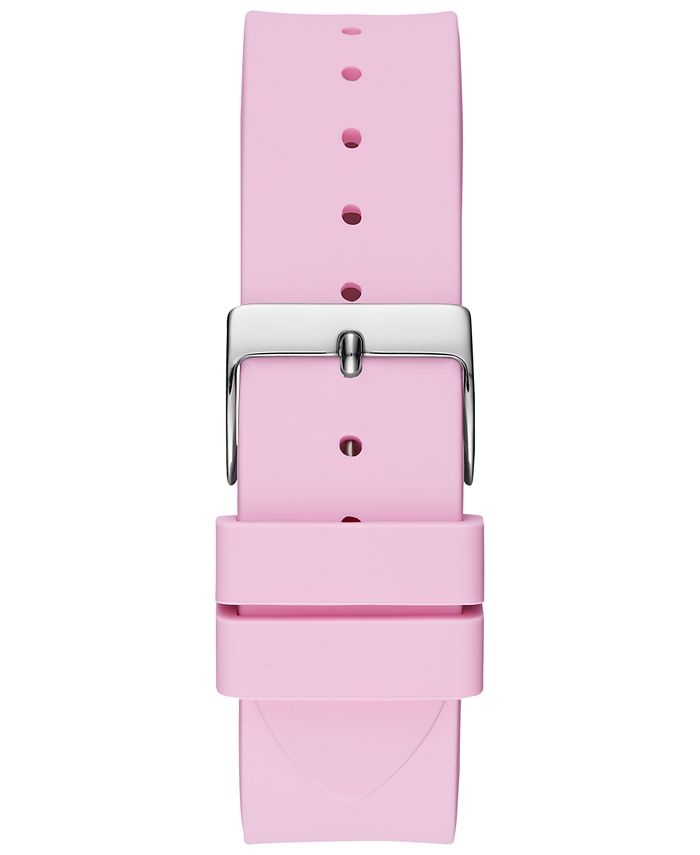 GUESS Women’s Silver-Tone and Pink Silicone Watch Embellished with ...