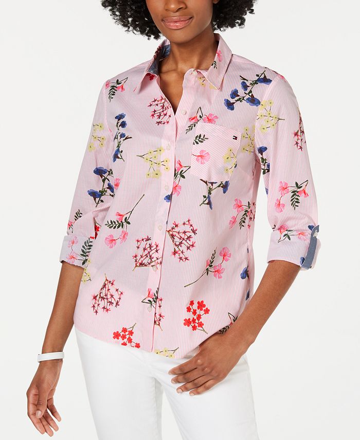 Tommy Hilfiger Cotton Printed Roll-Tab Blouse - Macy's