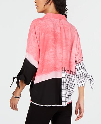 Alfani Mixed-Print Roll-Front Blouse, Created for Macy's - Macy's