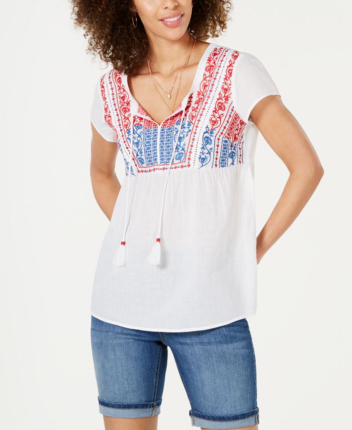 Style & Co Embroidered Tassel Top, Created for Macy's - Macy's