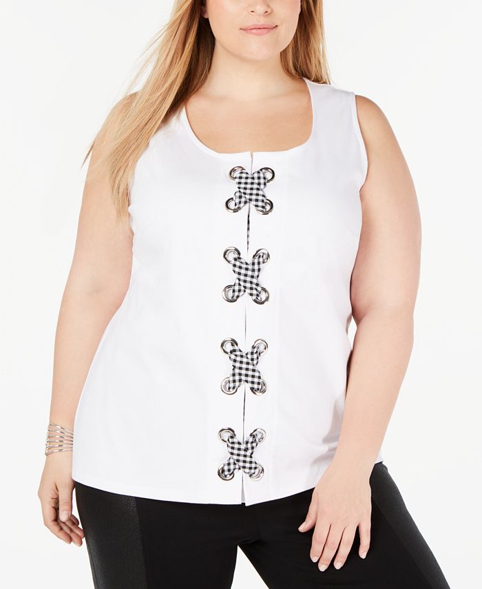 INC International Concepts INC Plus Size Gingham Lace-Up Top, Created ...