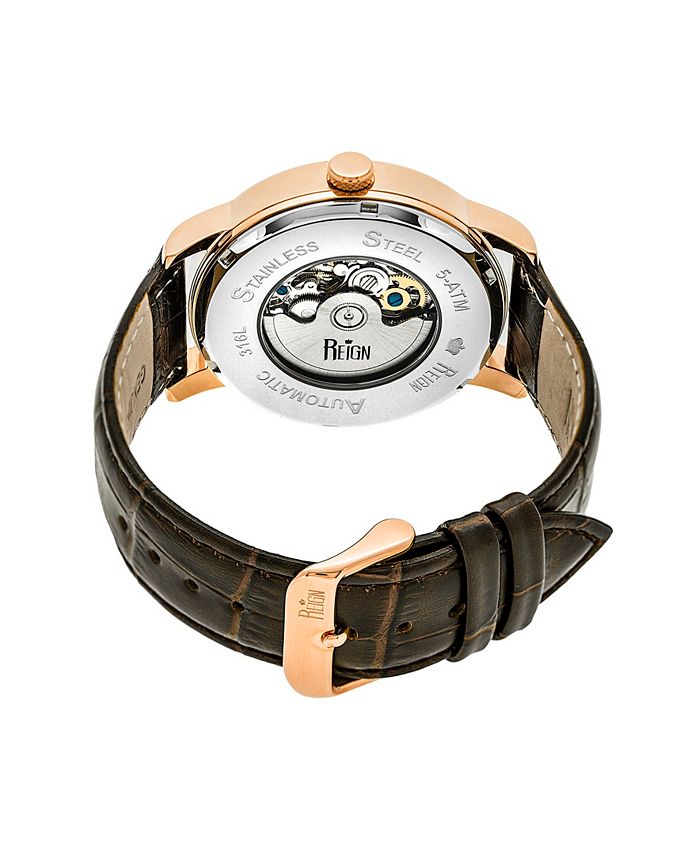 Reign Belfour Automatic Rose Gold Case, Genuine Brown Leather Watch ...