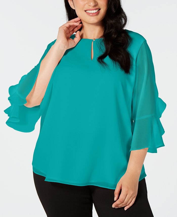 Calvin Klein Plus Size Ruffle-Sleeve Keyhole Top - Macy's
