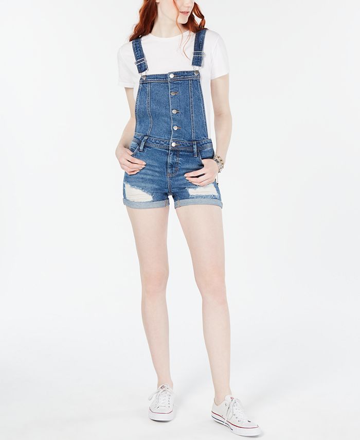 Tinseltown Juniors' Ripped Cuffed Denim Shortalls - Macy's