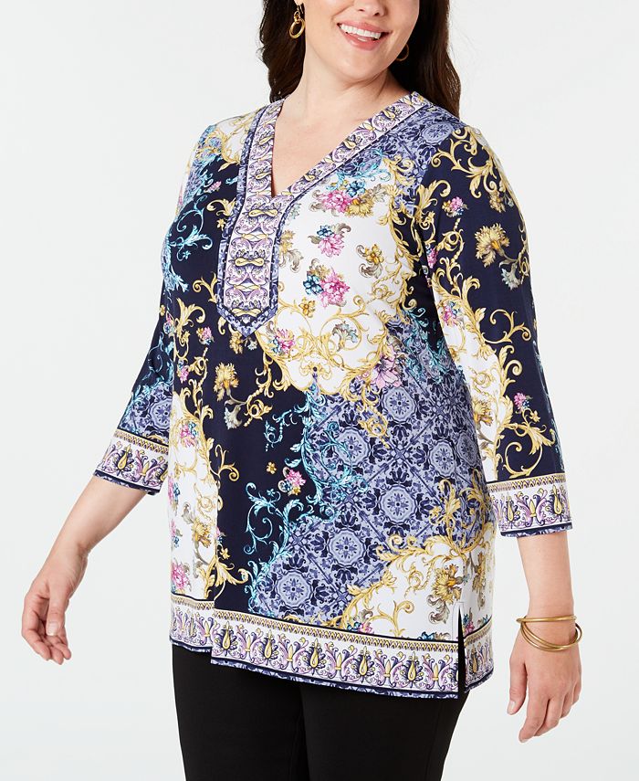 JM Collection Plus Size Printed Embellished Top, Created for Macy's ...