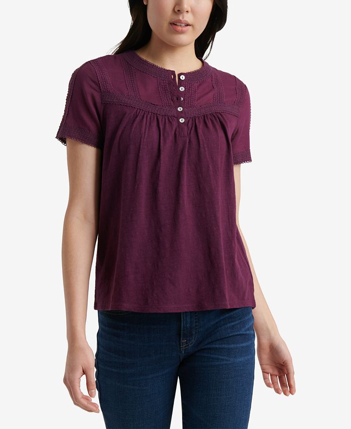 Lucky Brand Cotton Lace-Trim Henley Top - Macy's Lucky Brand Cotton Lace-Trim Henley Top - Macy's