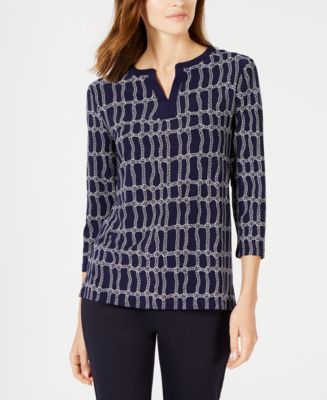 Anne Klein Three-Quarter-Sleeve Rope-Print Top - Macy's