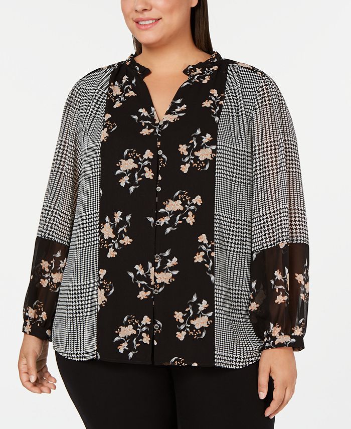 Calvin Klein Plus Size Mixed-Print Ruffle-Neck Top - Macy's