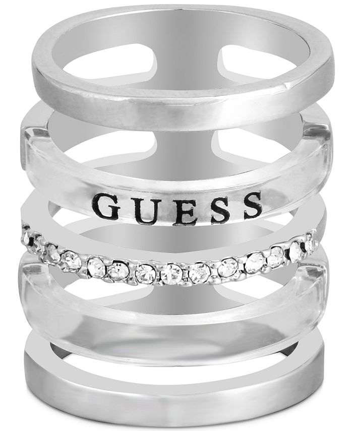 GUESS Silver-Tone Pavé Multi-Row Wide Ring - Macy's