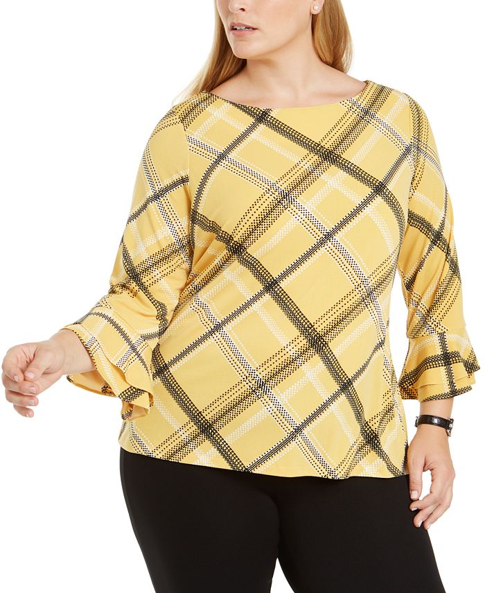 Charter Club Plus Size Plaid Ruffle-Sleeve Top, Created for Macy's - Macy's