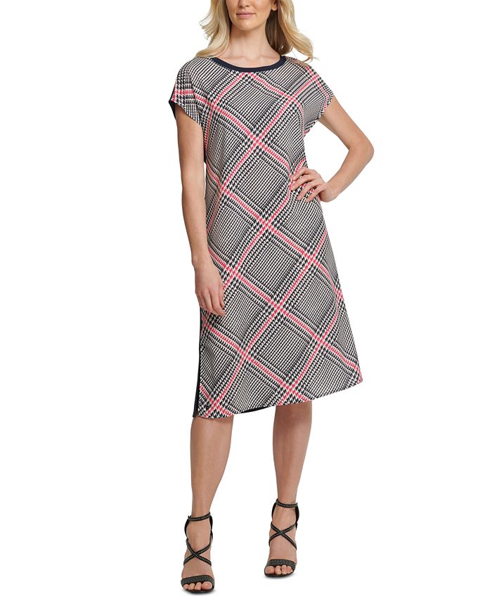 DKNY Plaid-Front Mixed-Media Dress - Macy's