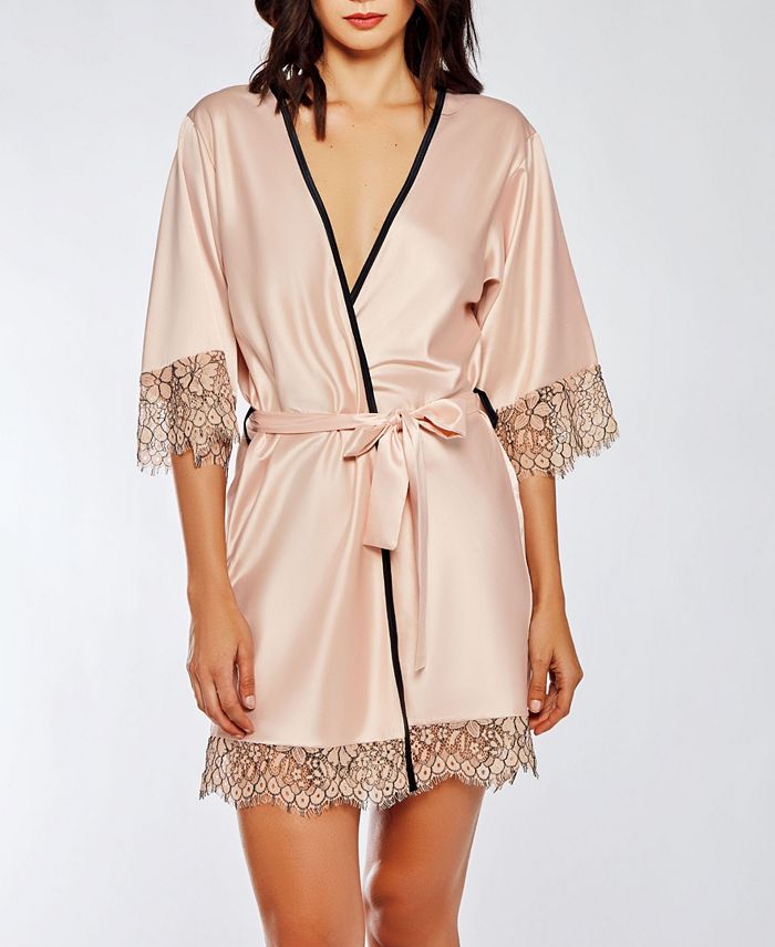 iCollection Contrast-Trim Silky Robe with Eyelash Flower Lace - Macy's