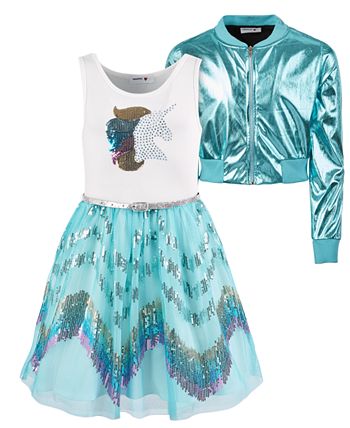 Beautees Big Girls 2-Pc. Metallic Bomber Jacket & Unicorn Dress Set ...