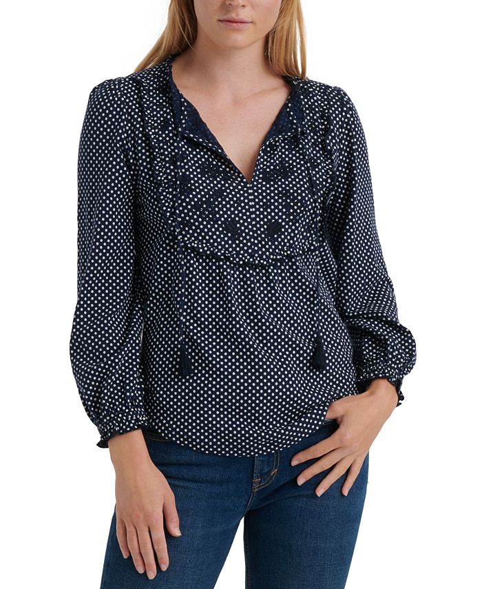 Lucky Brand Cotton Dot-Print Embroidered-Bib Top - Macy's