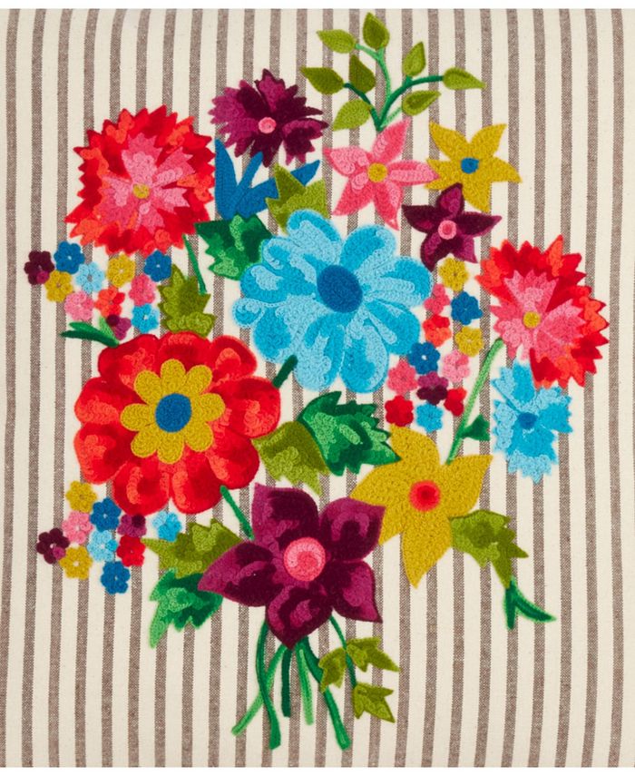 Saro Lifestyle Flower and Stripe Embroidered Decorative Pillow, 18" x ...