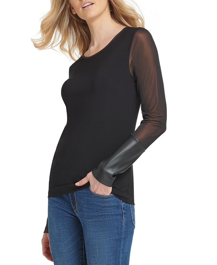 DKNY Faux-Leather-Trim Top - Macy's DKNY Faux-Leather-Trim Top - Macy's