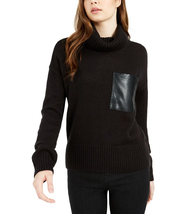 Bar III Cowl-Neck Faux-Leather-Pocket Sweater, Created For Macy's - Macy's