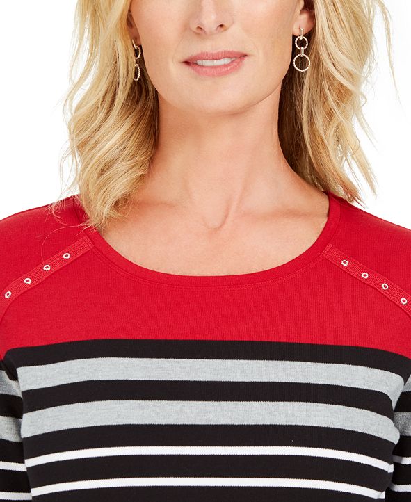Karen Scott Sport Colorblocked Striped Grommet Top, Created for Macy's ...