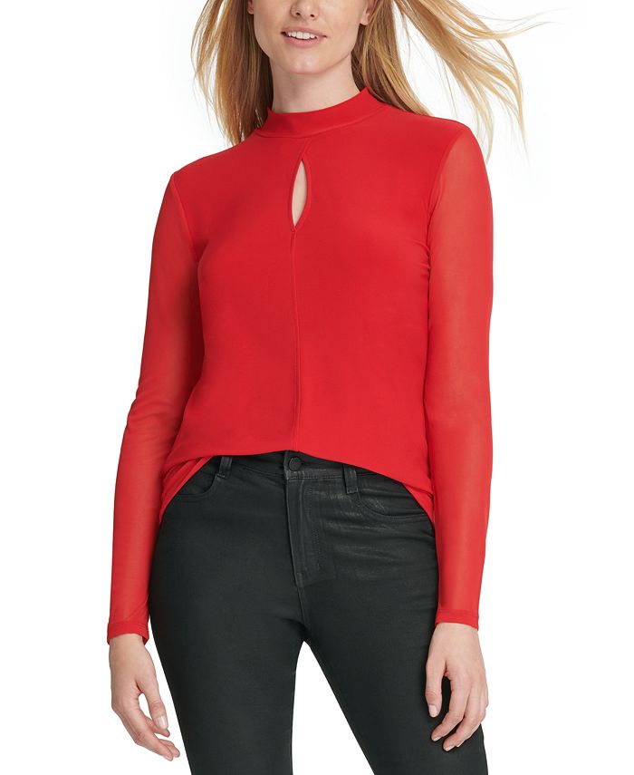 DKNY Sheer-Sleeve Keyhole Top - Macy's