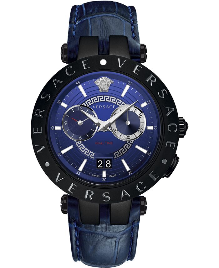 Versace Men's Swiss V-Race Blue Leather Strap Watch 46mm - Macy's