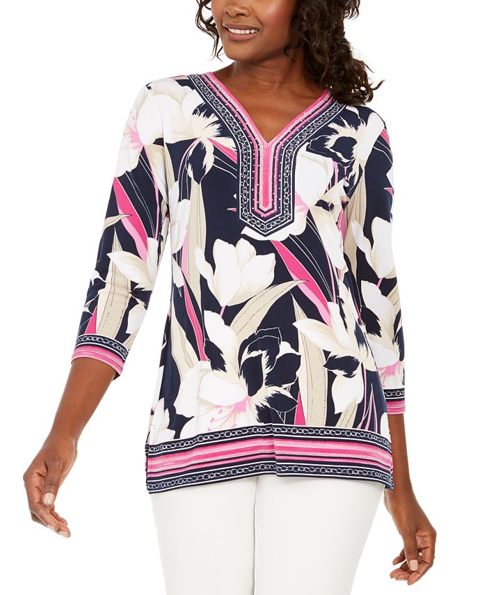 JM Collection Mixed-Print Rhinestone Tunic, Created for Macy's - Macy's
