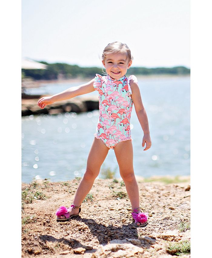 RuffleButts Toddler Girl's Flutter Ruffle Swimsuit Swim Headband Set ...