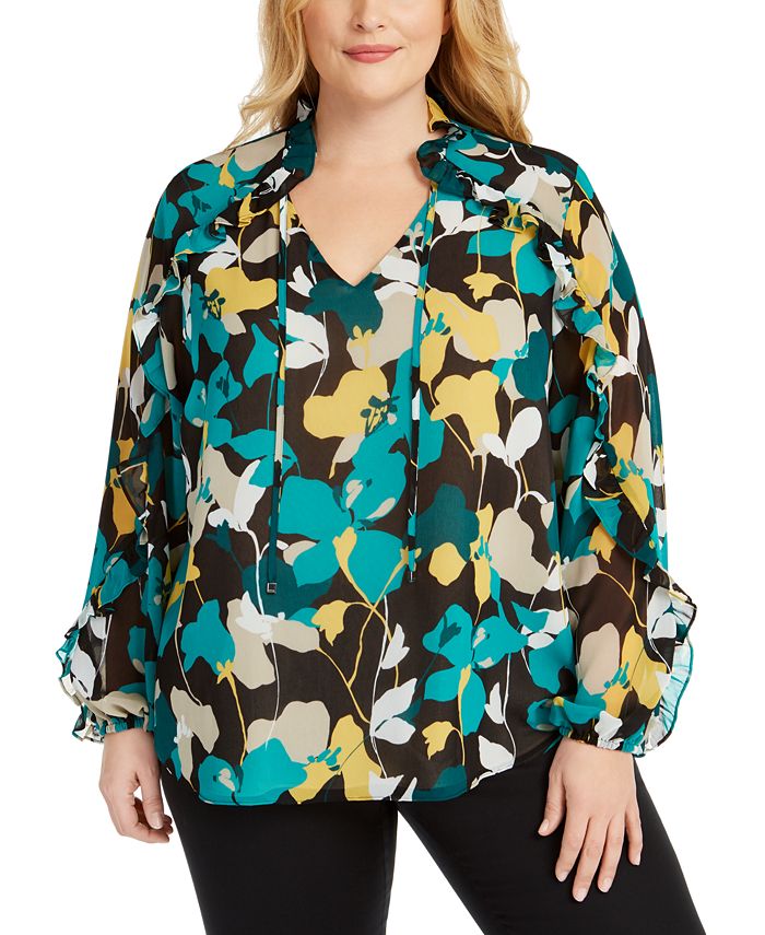 Calvin Klein Plus Size Floral-Print Ruffle Top - Macy's
