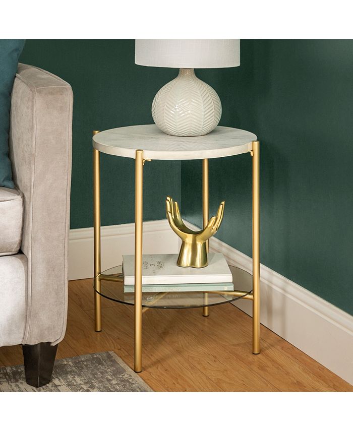 Walker Edison 20 inch Round Side Table in White Faux Marble and Gold ...